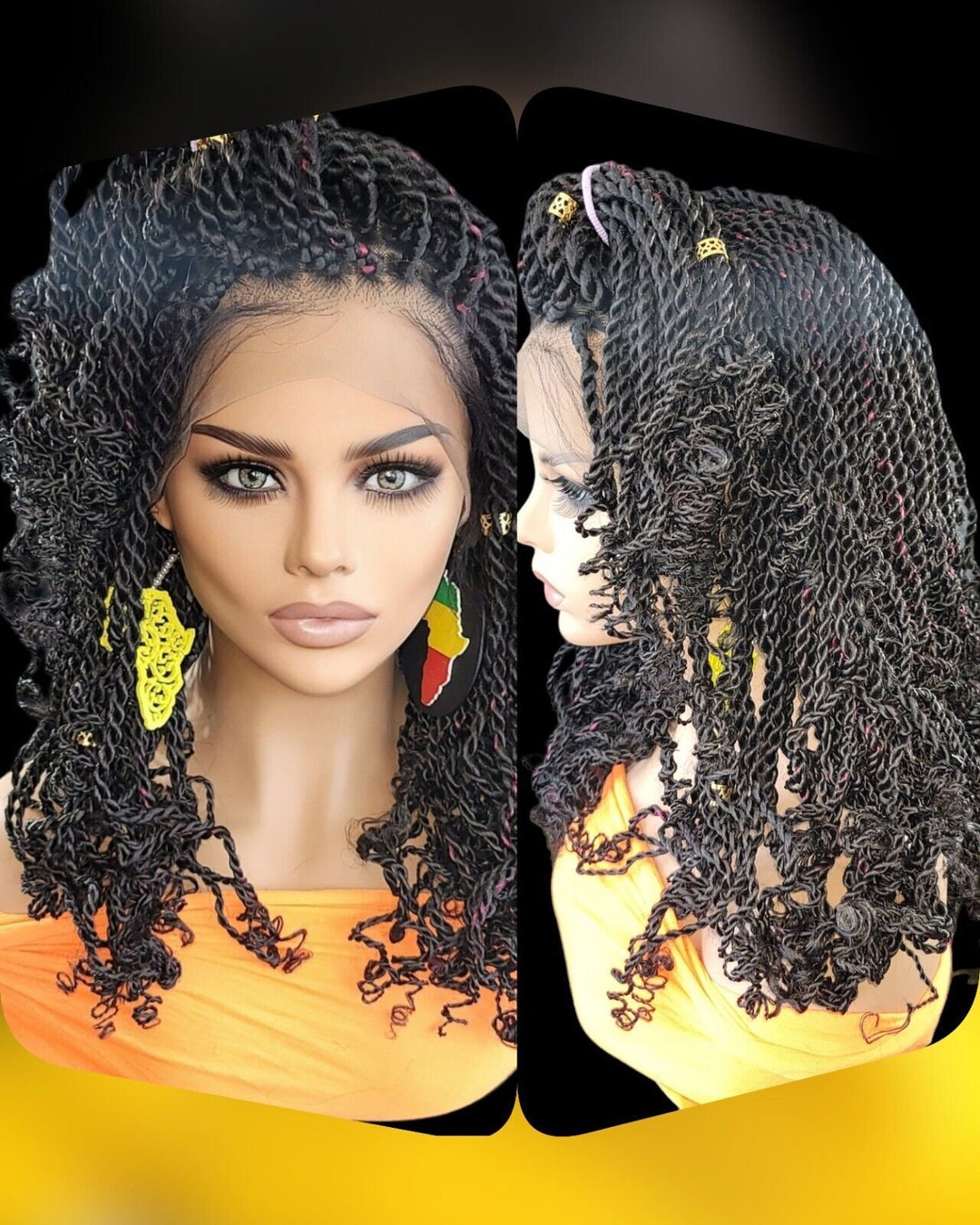 Handmade Braided Braided Wig Jet Black Kinky Twists Wig 360 Lace
