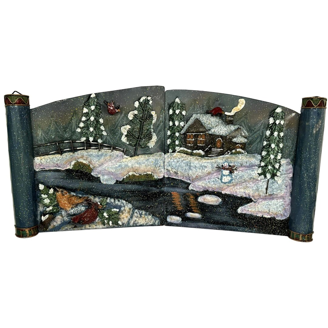 Tabletop Bi-fold Metal 3-D Crafted Folding Screen Winter Scene ...