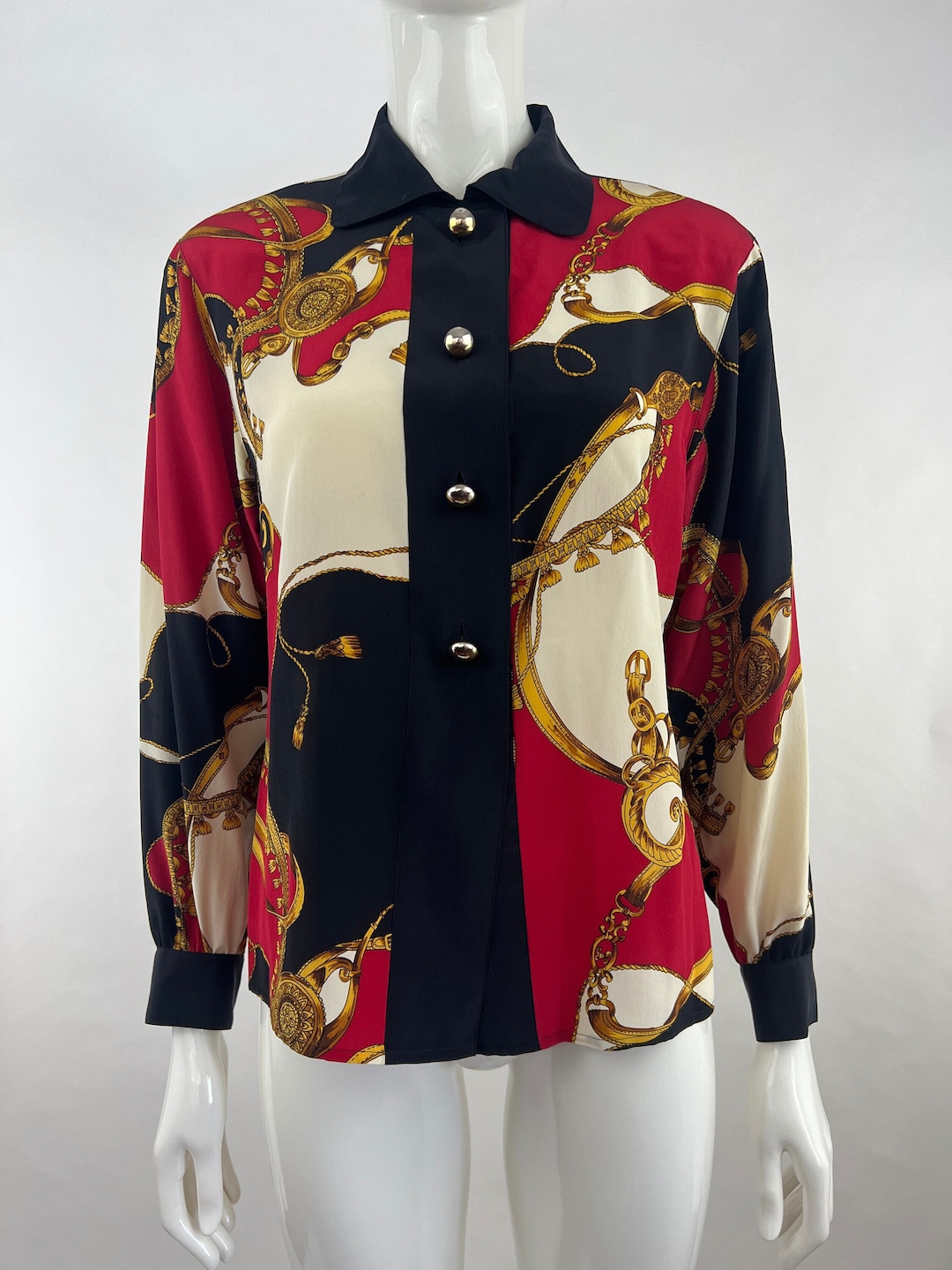 80s Francesca of Damon Silk Equestrian Blouse|baroque Chain Belt Buckle Print Blouse|crown and ...