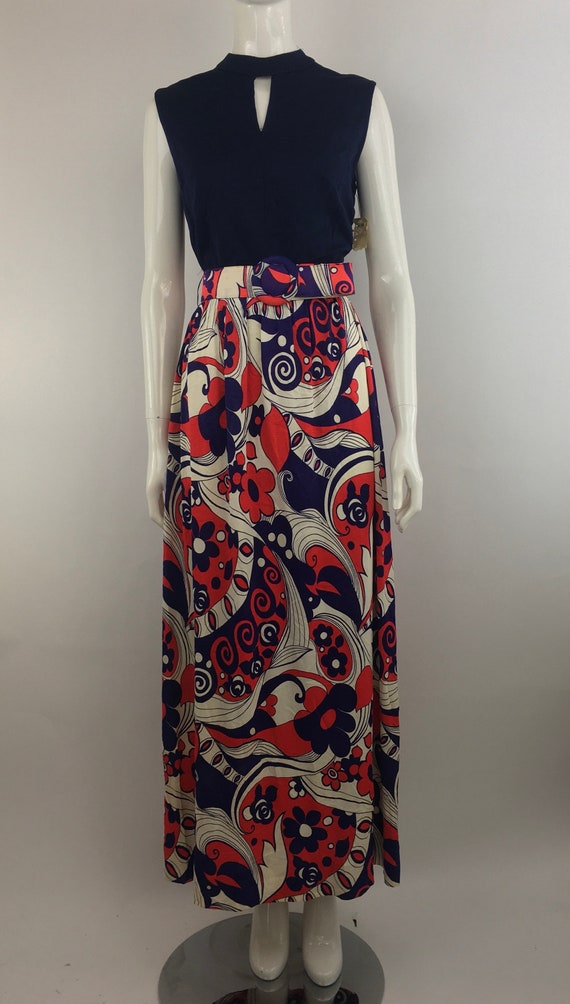 1960's Macy's Navy Blue Floral Maxi Dress|Funky Abstr… - Gem