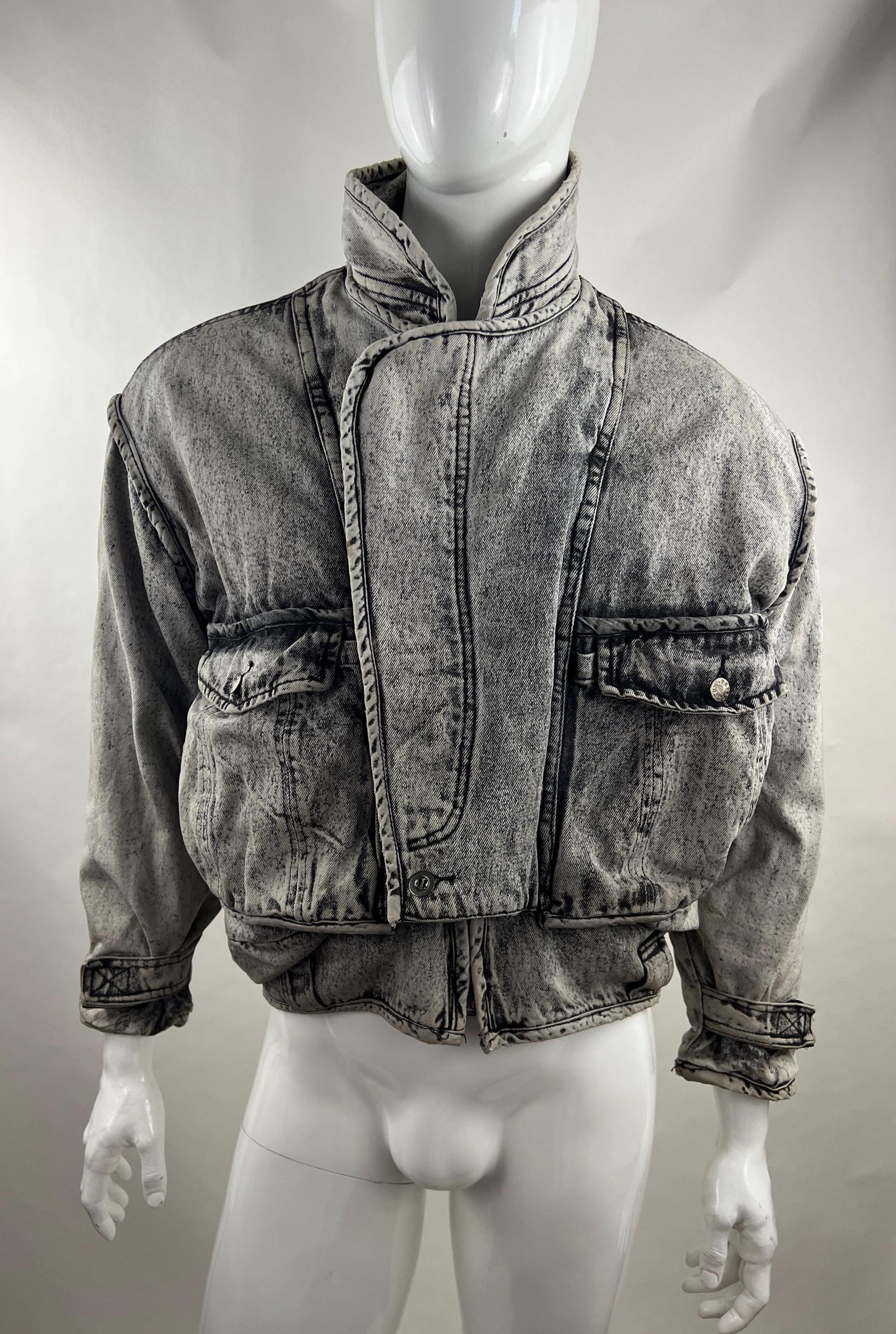 1980s Petroleum Black Acidwash Jean Jacket W High Collar|grunge Jean ...