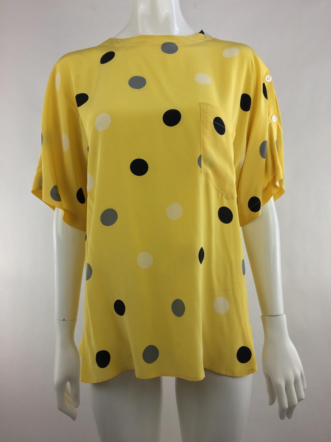 1980's Kasper for JL Sport Yellow Polka Dot Silk Blouse|short Sleeved ...