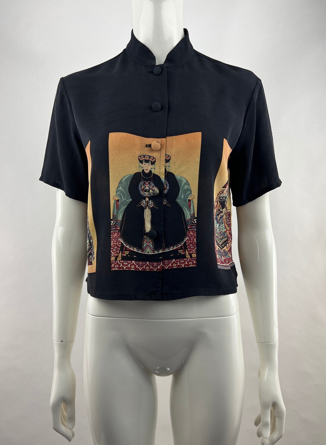 80's Harari Black Silk Asian Inspired Cropped Blouseshort Sleeved ...