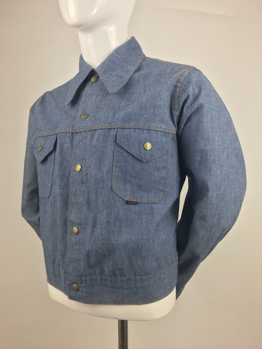 1970s Red Snap Denim Jacket: Gold Stitching, Size Medium - Etsy