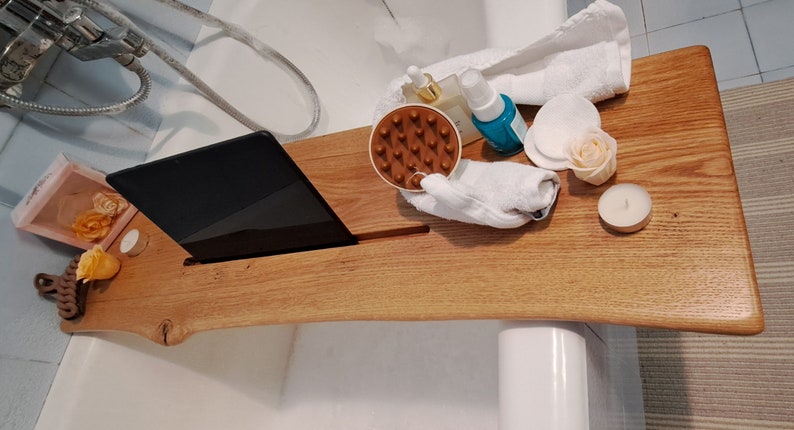 85cm RECLAIMED RUSTIC OAK Bath Tray, Solid Oak Wormy Wood Phone Rack ...