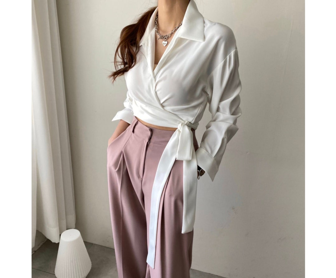 Long Sleeve Wrap Blouse / Crop Wrap Blouse / Romantic Wrap Top / Wrap ...