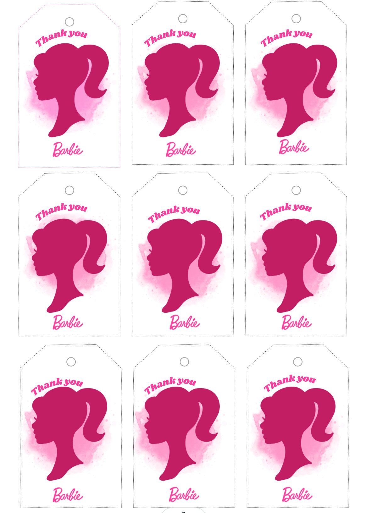 Barb Thank You Tag, Pink Doll Birthday Favor Tag Template, Hot Pink ...
