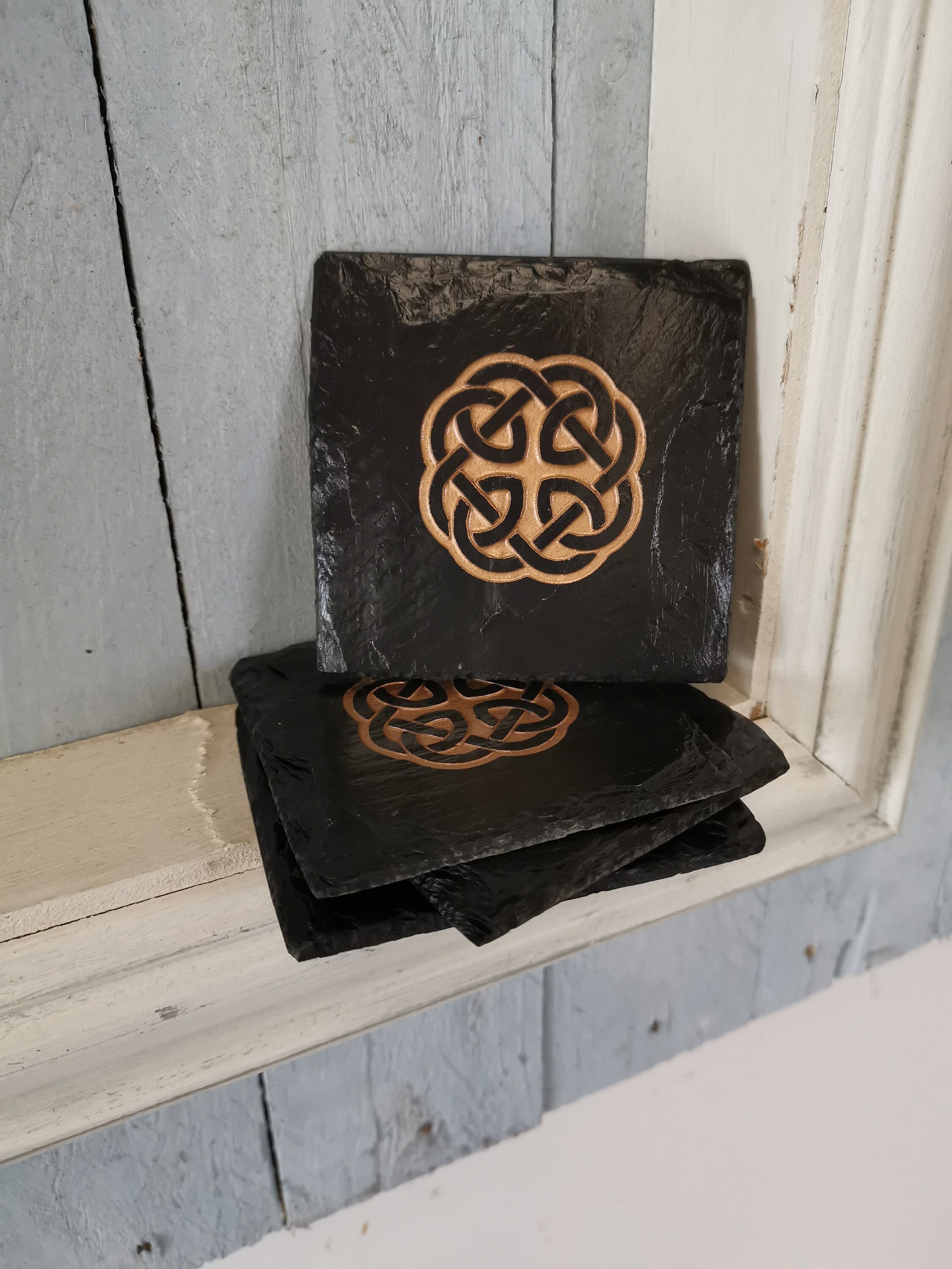 Set of 4 Irish Celtic Knot Natural Slate Coasters With a Copper Gold ...