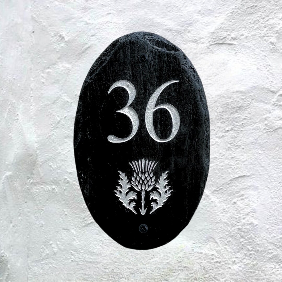 Natural Slate Scottish House Number With Scottish Thistle Design / Oval ...