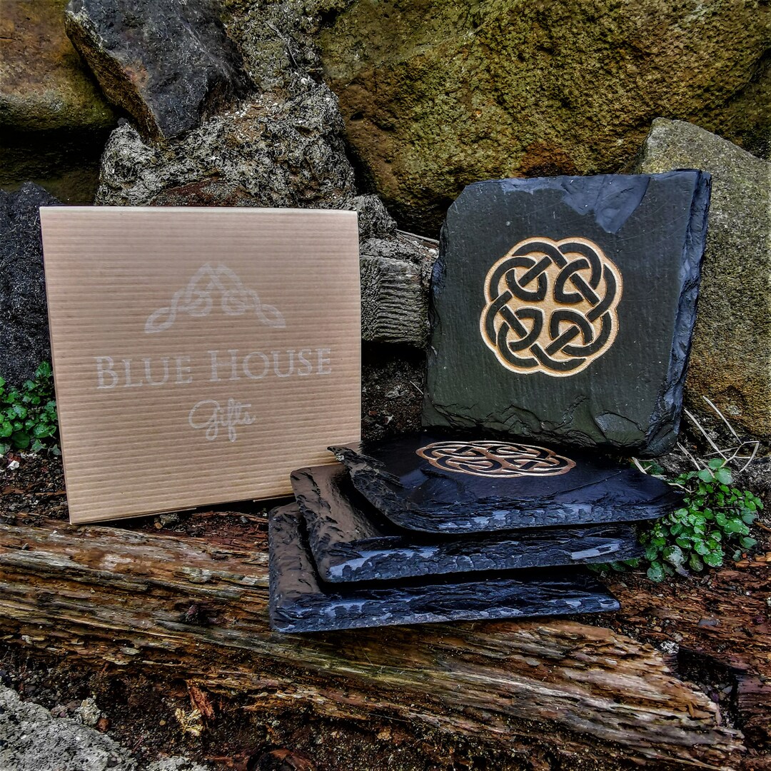 Set of 4 Irish Celtic Knot Natural Slate Coasters With a Copper Gold ...