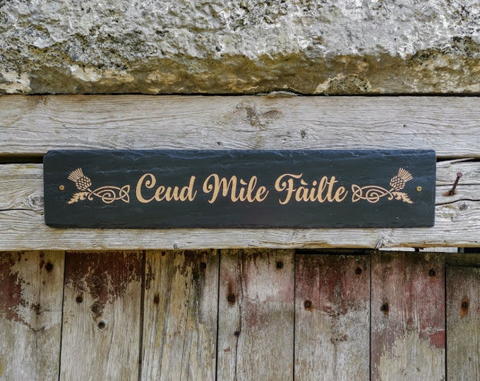 Over the Door Scottish Welcome Sign Céud Mile Fáilte Rose Gold Slate ...
