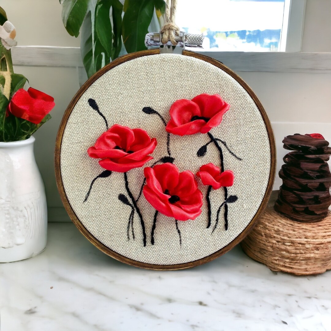 Red Poppy Simple Panel Silk Ribbons Embroidery Hoop Art. - Etsy