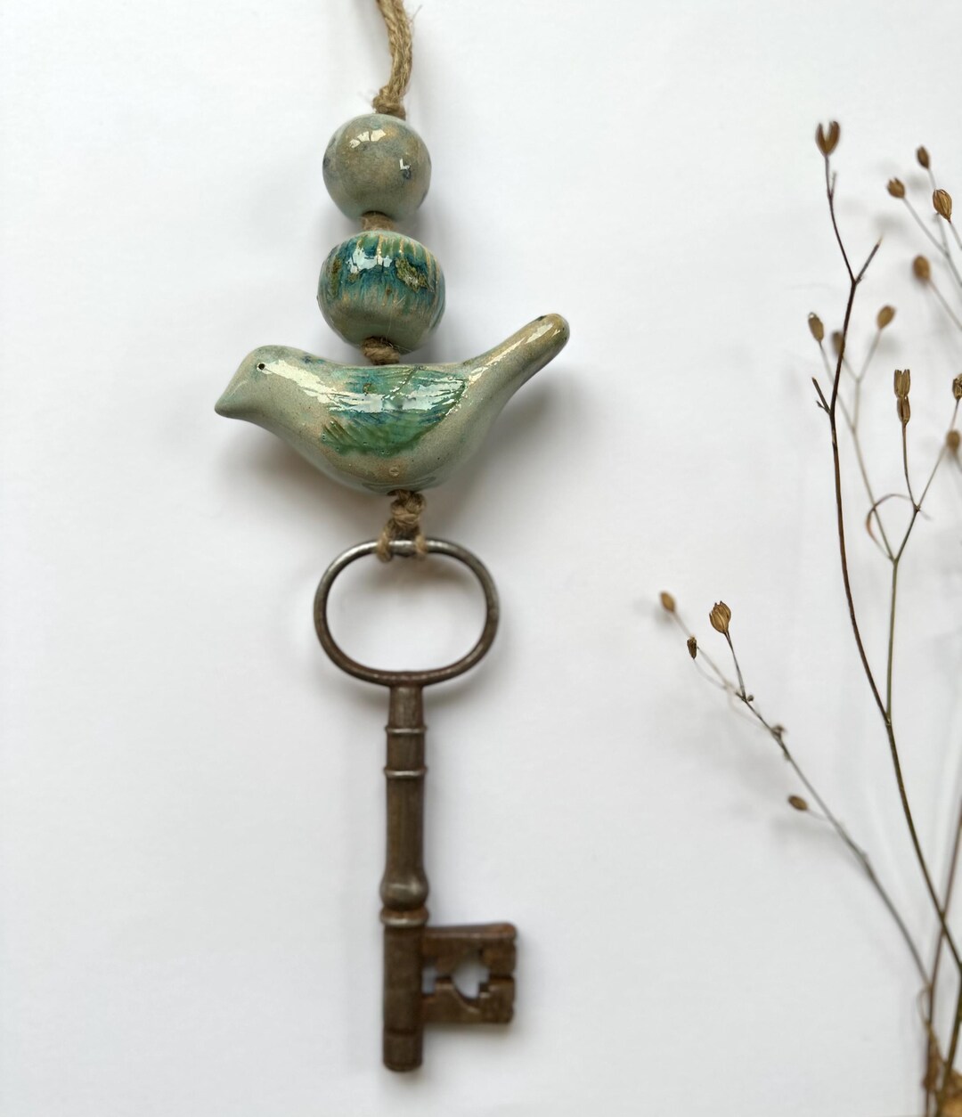 Ceramic, Vintage Key Ceramic Bird Wall Hanging or Mobile, Blue Green Ceramic Bird Assemblage ...