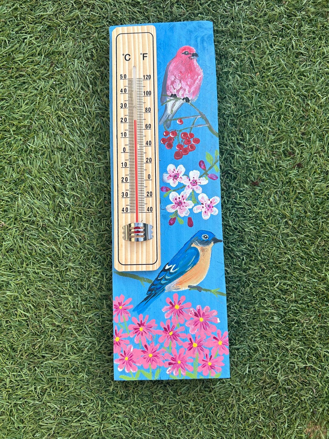 Wild Birds and Pink Blossom Thermometer, Wooden Garden Plaque ...