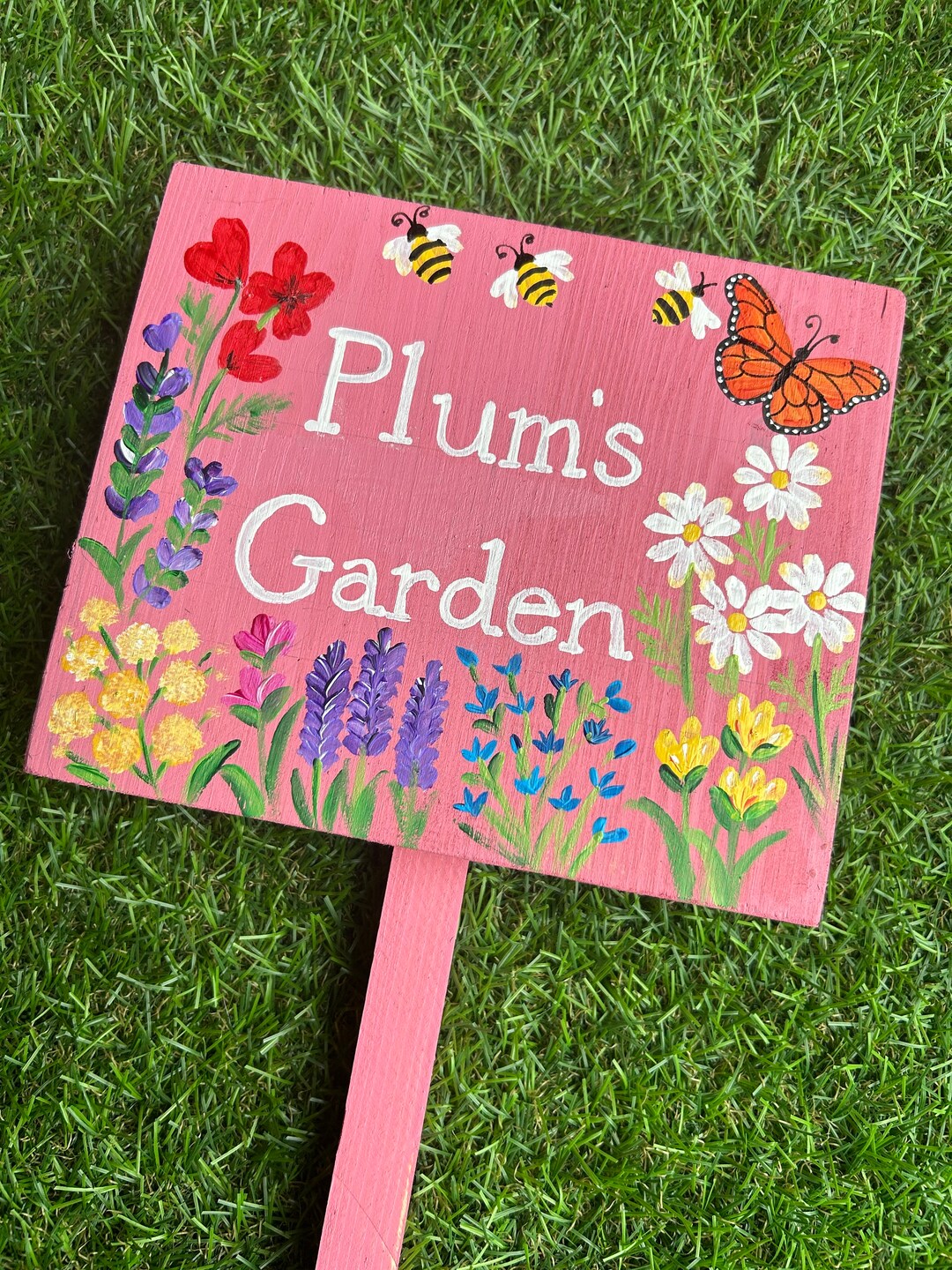 Personalised Pink Wild Flowers Garden Sign With Stake, 15cm X 18cm ...