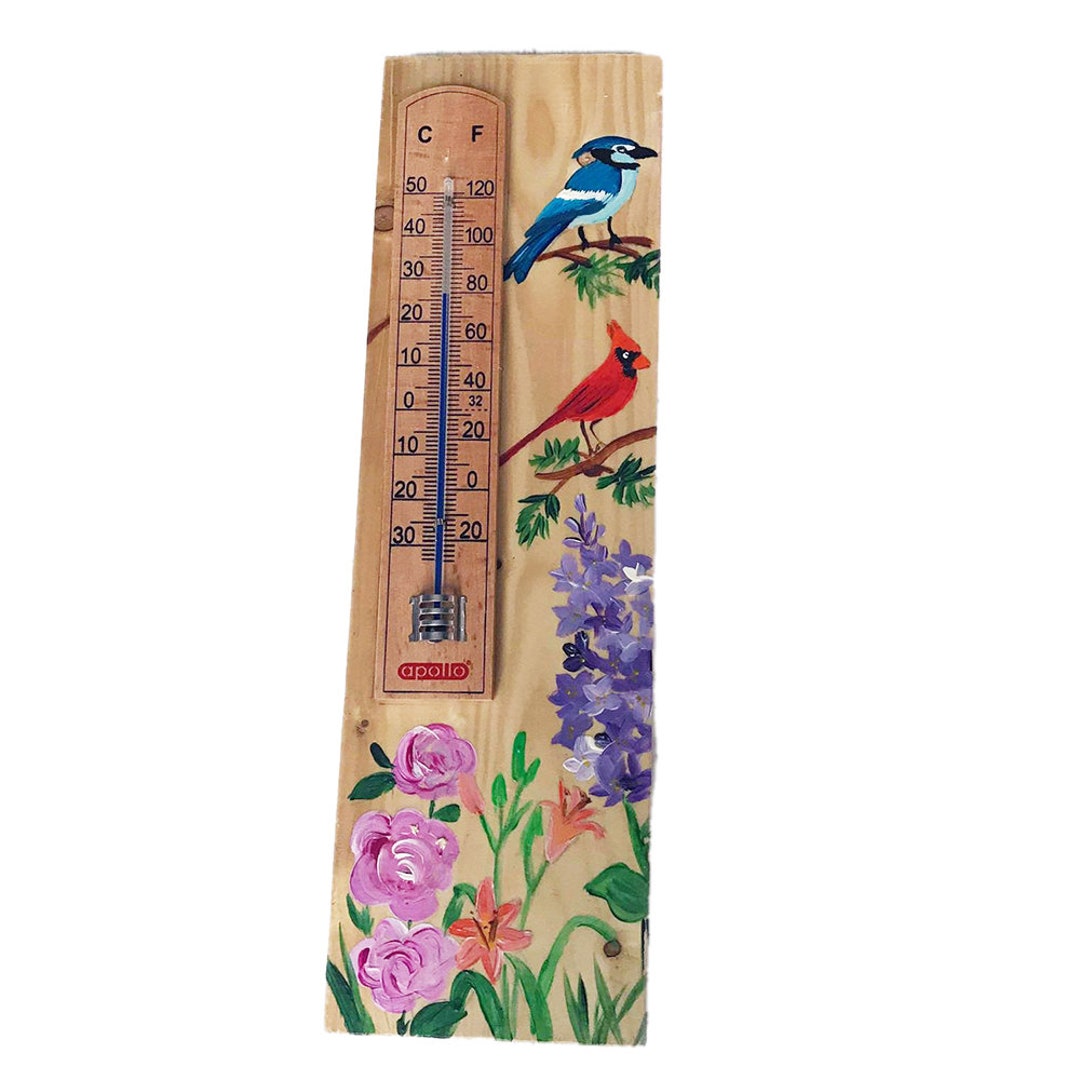 Blue Jay, Cardinal & Flowers, Wooden Garden Thermometer, Greenhouse ...