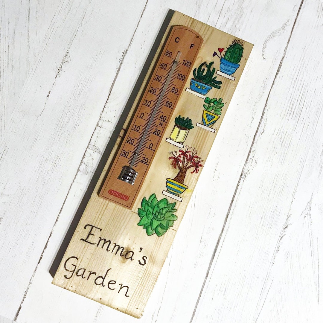 Cactus and Succulents Personalised Wooden Garden Thermometer, Sign ...