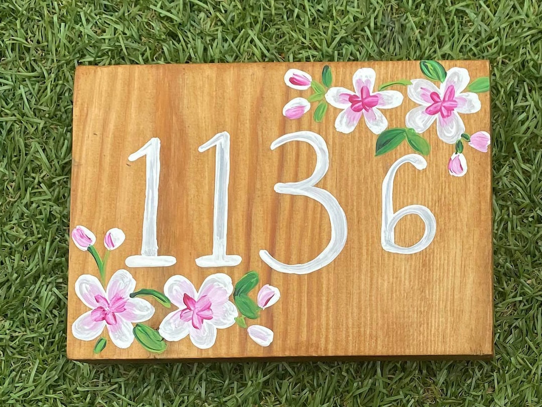 Hand Painted Floral House Number Sign: Cherry Blossom Cottage Plaque - Etsy