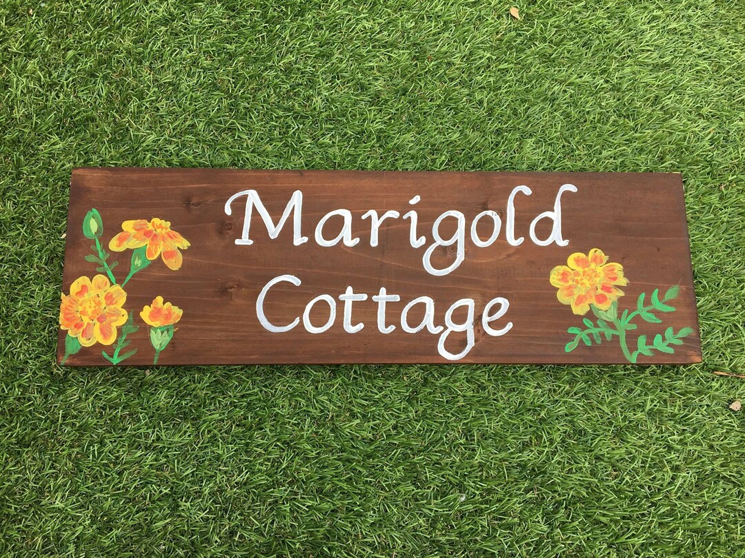 Personalised Marigold Cottage Sign: Hand-painted Wooden Address Plaque ...