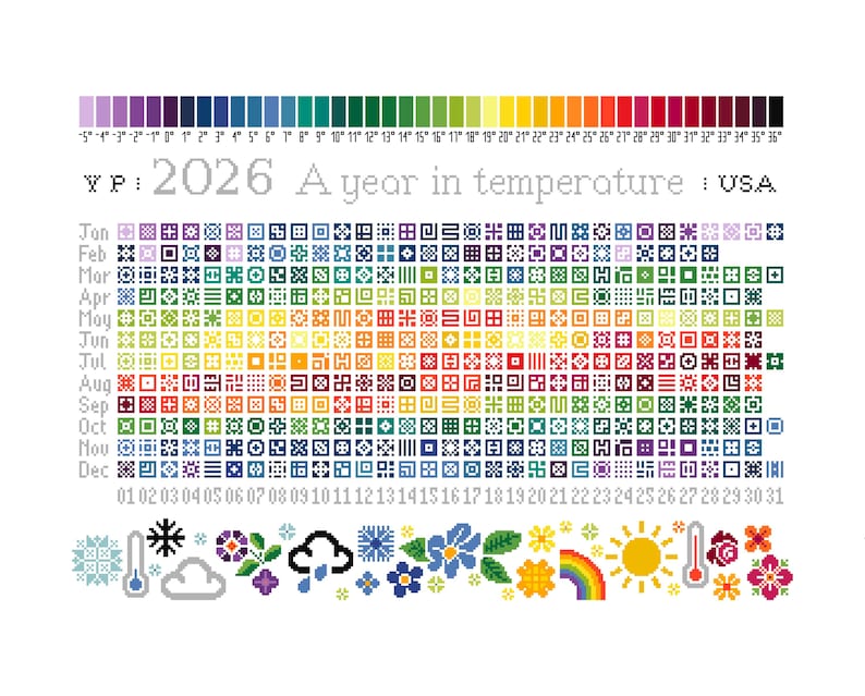 Rainbow Temperature Calendar Cross Stitch Pattern: Yearly Sampler (PDF ...