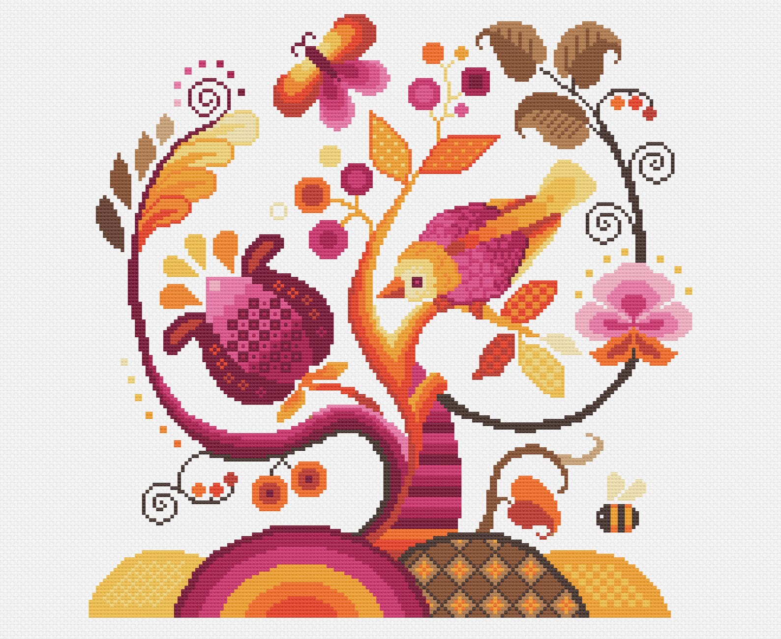 Autumn Tree Cross Stitch Pattern: Jacobean Floral Bird Sampler (PDF ...