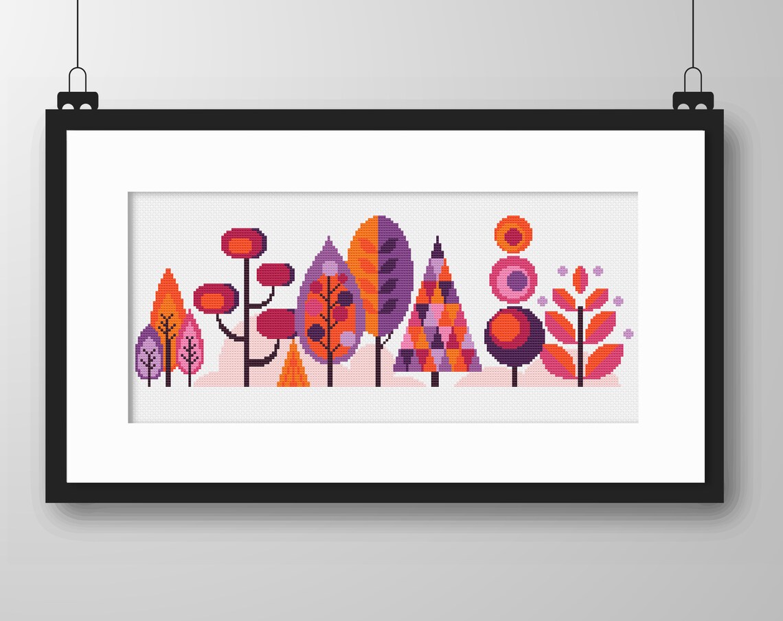 Cross Stitch Scandinavian Forest Trees Pink-orange-purple - Etsy