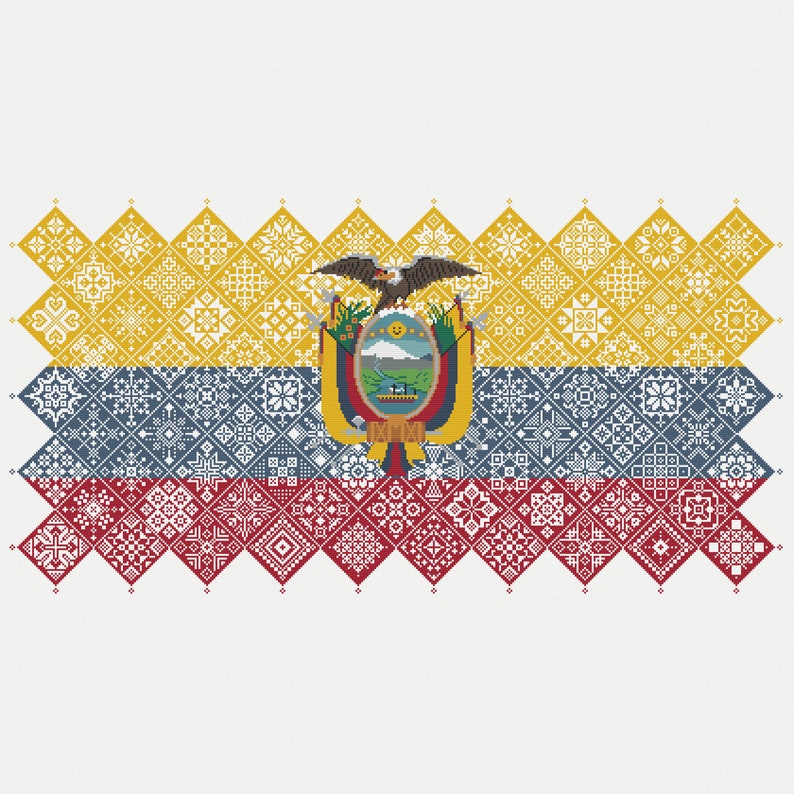 Ecuador Flag Cross Stitch Pattern: Quaker Sampler Patriotic Design (PDF ...