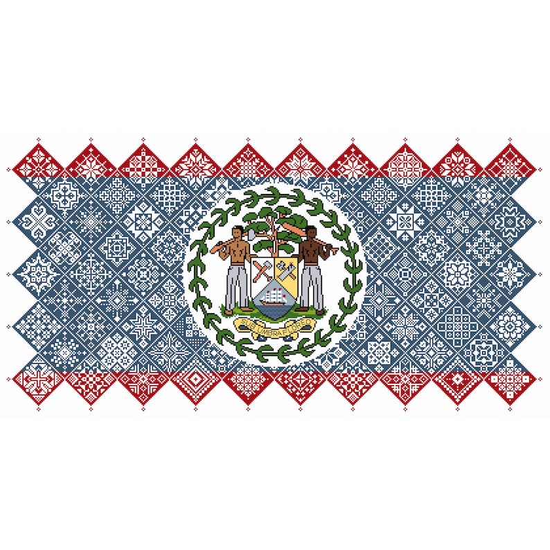 Cross Stitch Quaker Sampler Belize Flag Tiled Patchwork Squares ...