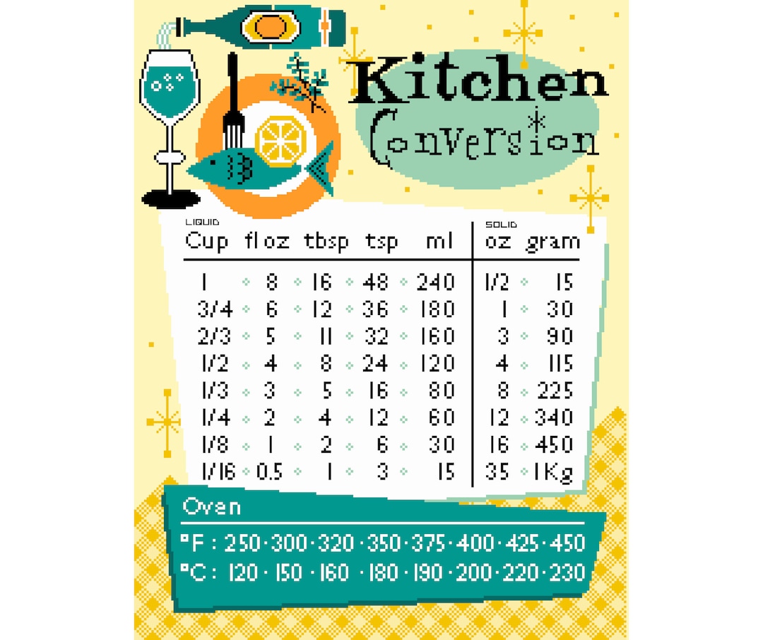 Mid Century Kitchen Conversion Chart Cross Stitch Pattern White Version ...
