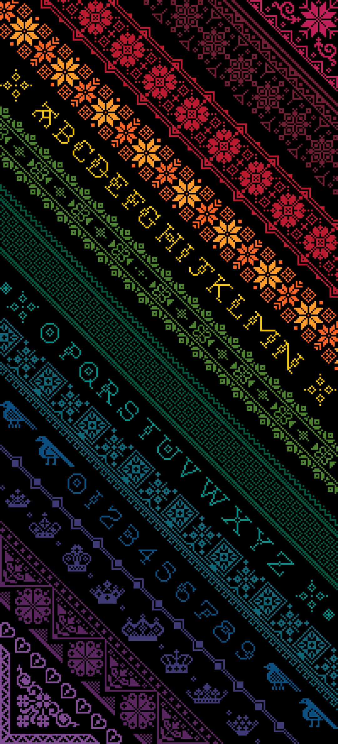 Angled Diagonal Rainbow Band Alphabet Long Sampler on Black - Cross ...
