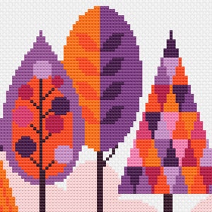 Cross Stitch Scandinavian Forest Trees - Pink-orange-purple Colourway ...
