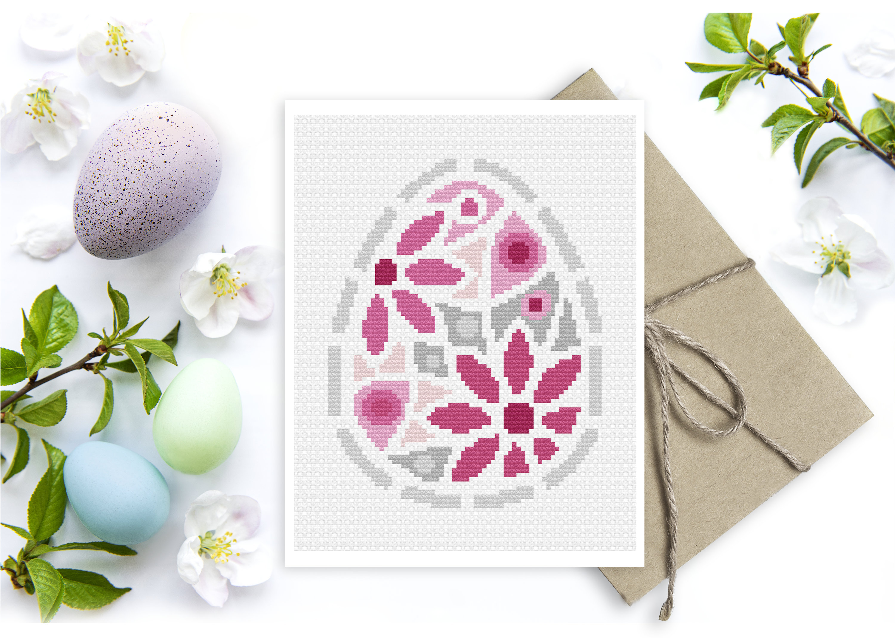 Cross Stitch Pink Flower Easter Egg Greetings Card Pattern | Etsy