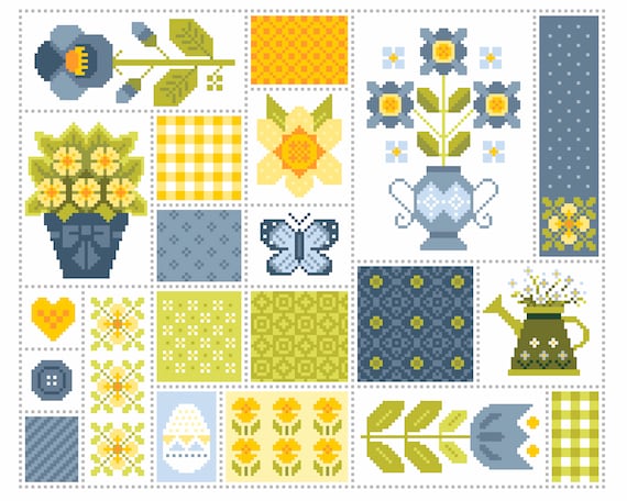 Cross Stitch Patchwork Quilt Flowers and Fabric Pattern - Etsy