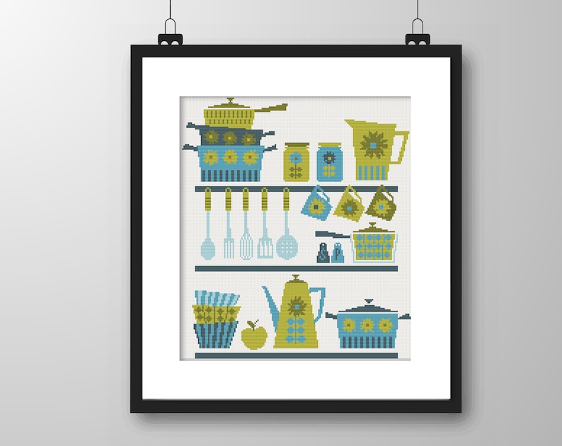 Mid-century Kitchen Cross Stitch Pattern Green Version (PDF Counted ...