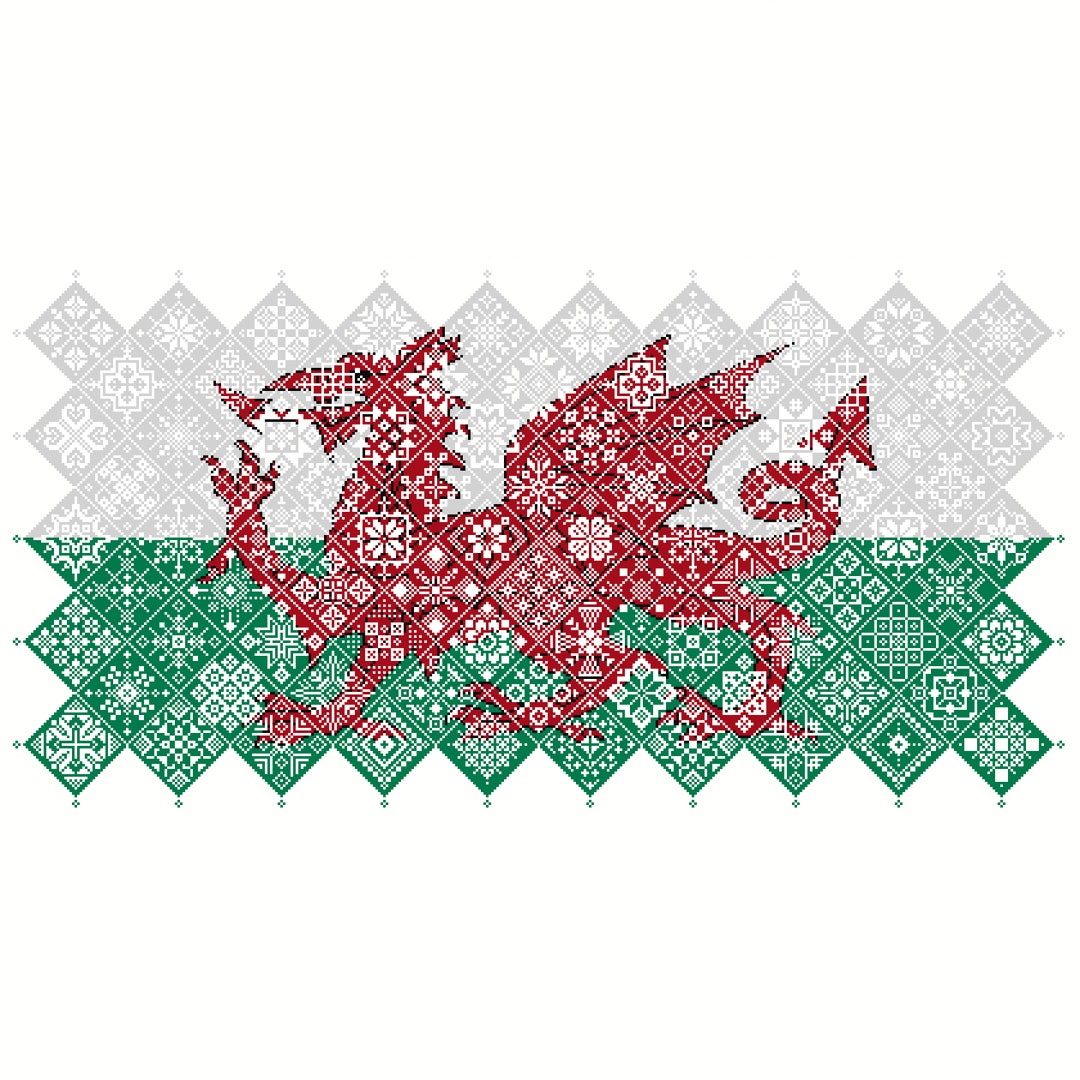 Cross Stitch Quaker Sampler Wales Red Dragon Baner Cymru Flag Tiled ...