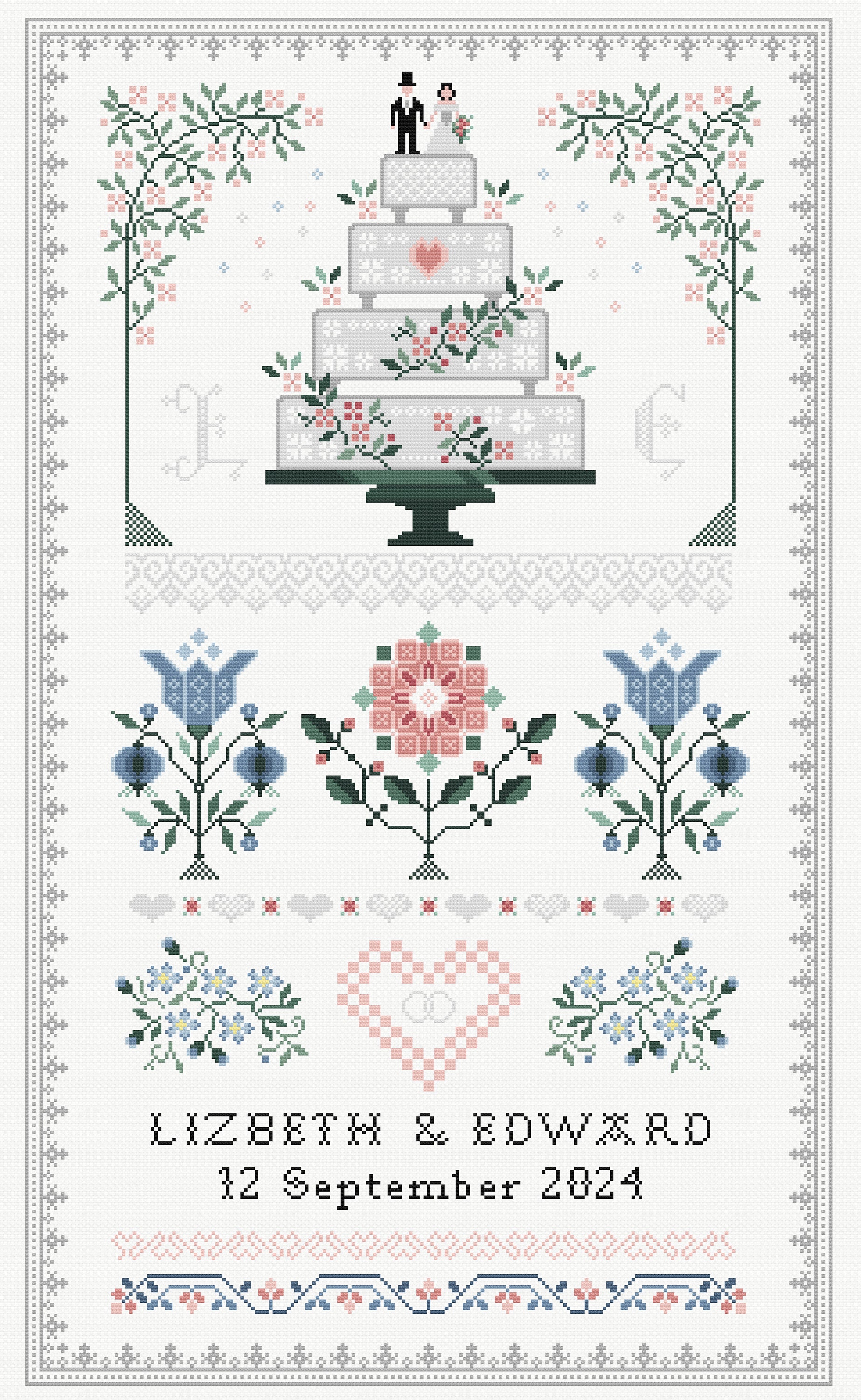 Wedding Cake Cross Stitch Pattern: Quaker Sampler With Alphabet (PDF ...