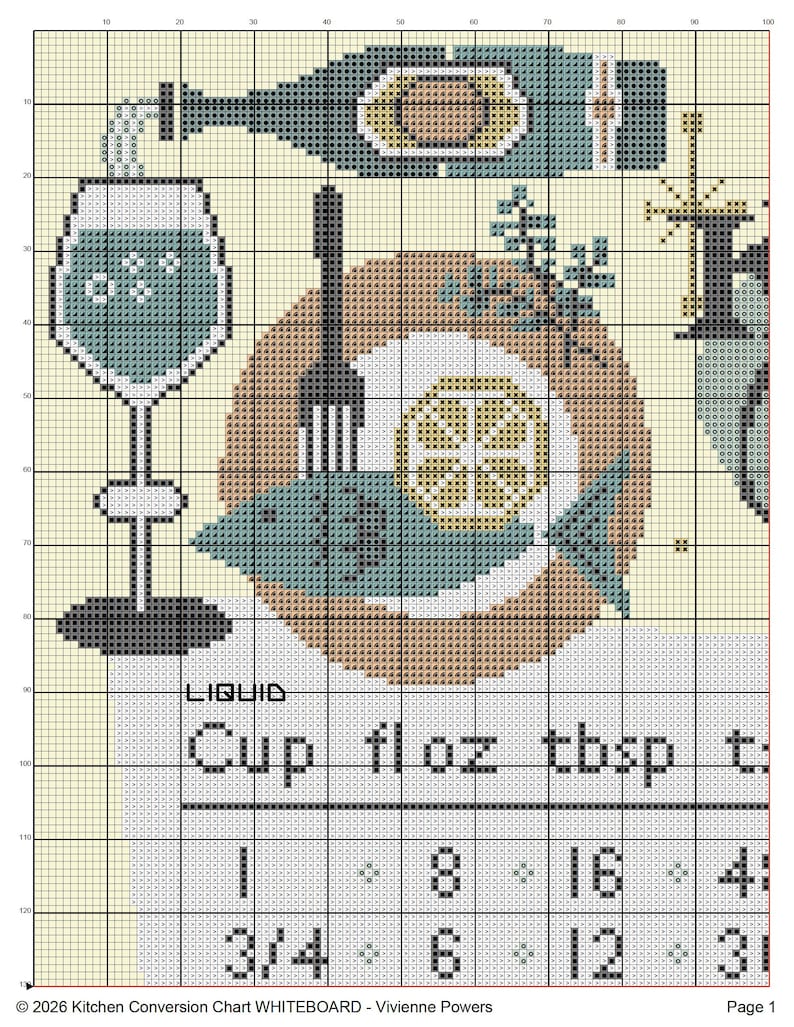 Mid Century Kitchen Conversion Chart Cross Stitch Pattern White Version ...