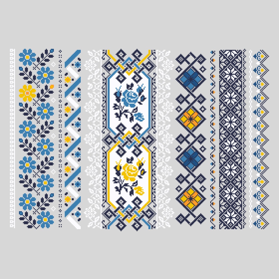 Cross Stitch Banded Floral Border Sampler Blue Yellow - Etsy Canada