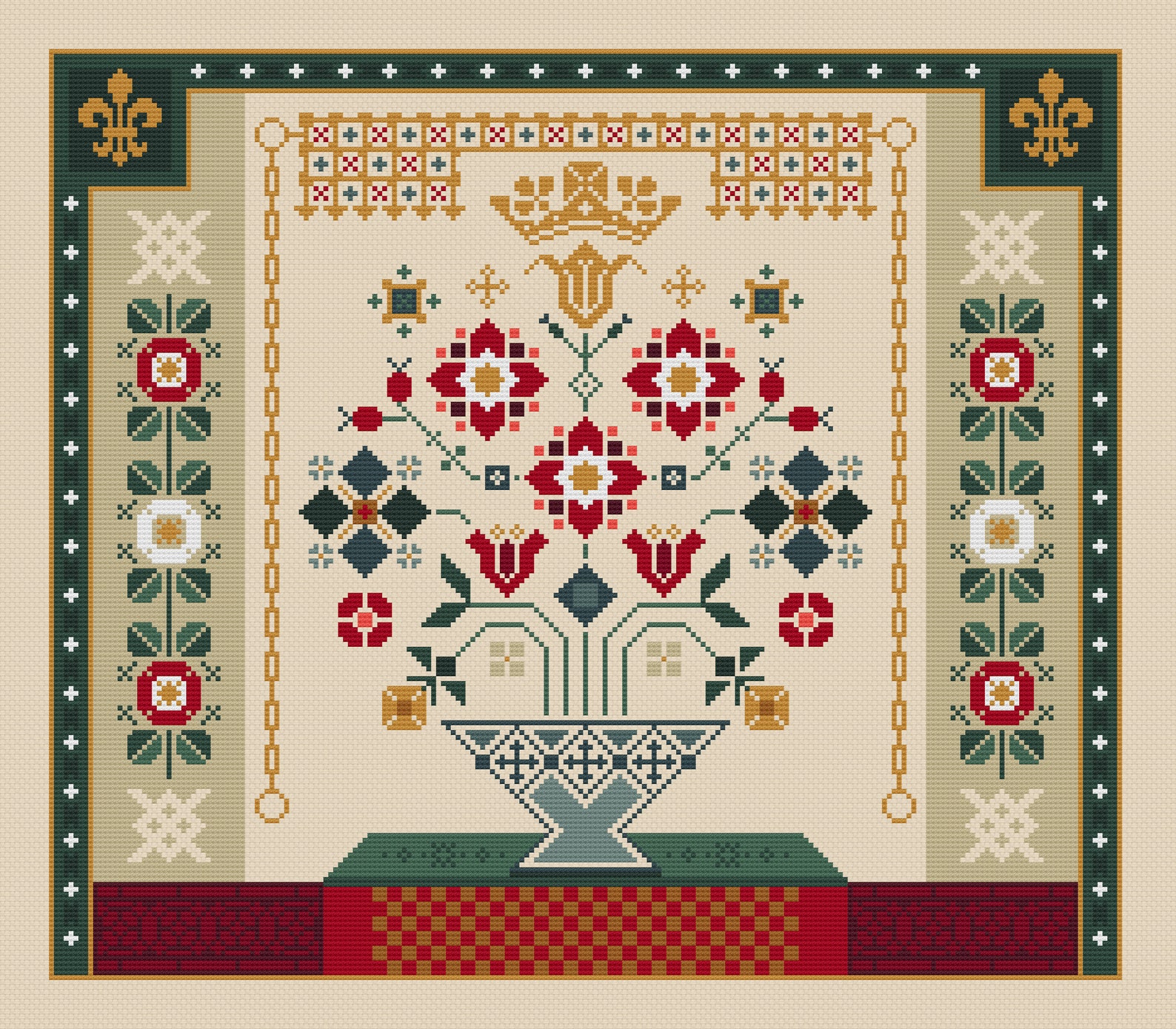 Cross Stitch Sampler Regal House of Tudor Red and White Roses Sampler ...