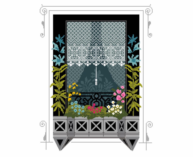 Art Deco Parisian Window Box Cross Stitch Pattern: Floral Balcony (PDF ...