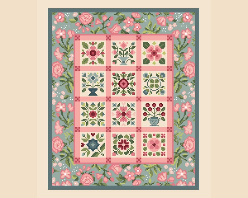 Patchwork Quilt Block Cross Stitch Pattern: Shabby Chic Floral (PDF ...