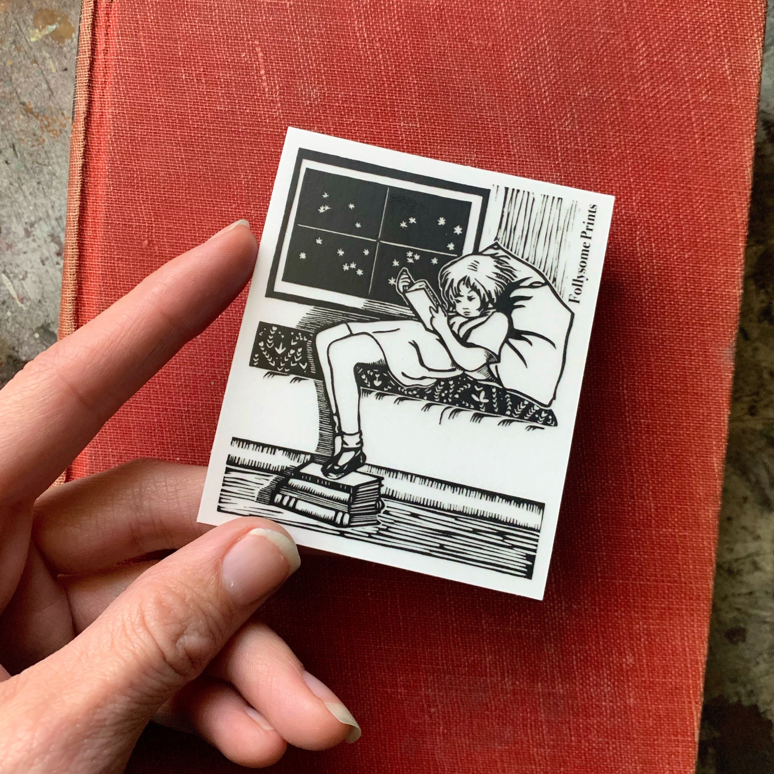 The Reader Sticker Stickers Linocut Graphic Art RTS - Etsy