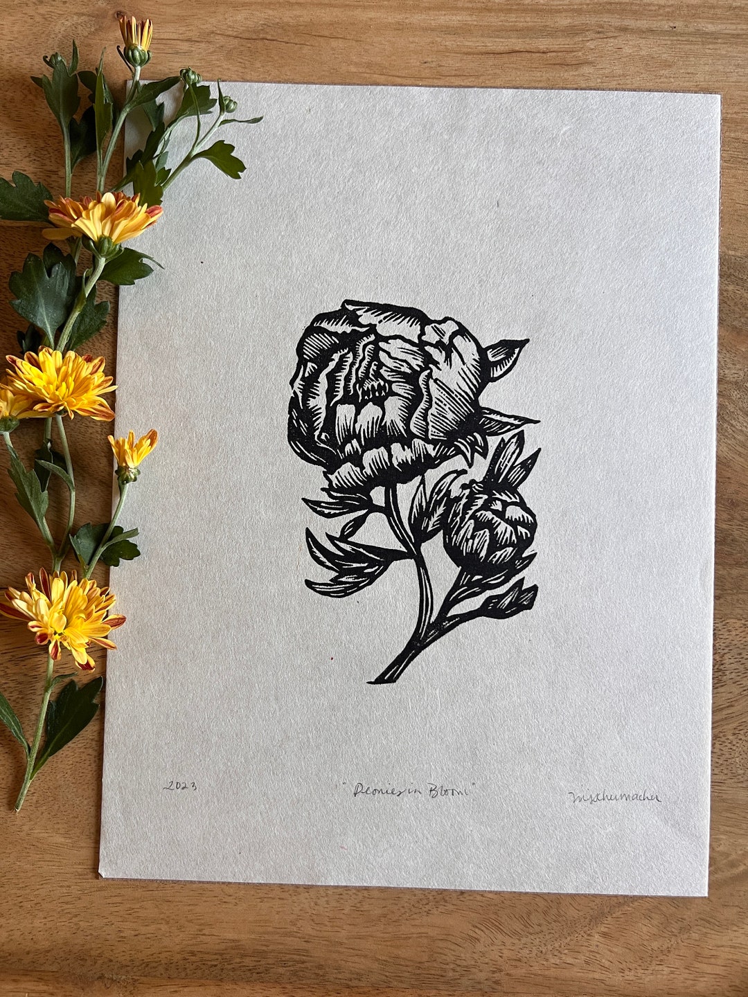 Peonies Linocut Print: Botanical Block Print Art, Gold Lino - Etsy