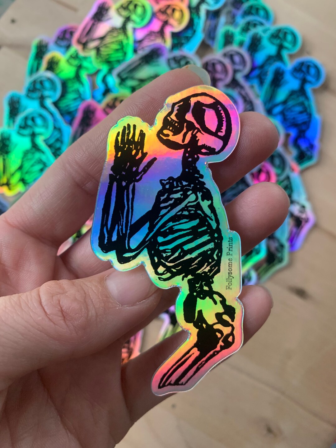 Skeleton in Prayer Sticker - Holographic Die Cut Stickers - Linocut ...