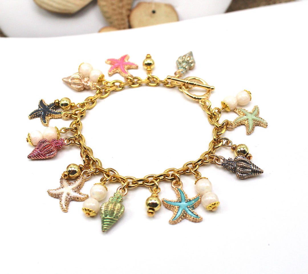 Ocean Charm Bracelet, Beach Charm Bracelet, Sea Shell Charm Bracelet ...