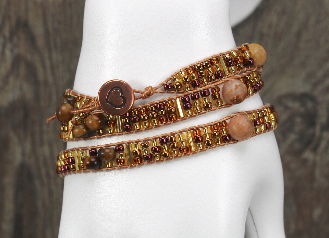 Beaded Leather Wrap Bracelet, Triple Wrap Bracelet, Leather Jewelry ...