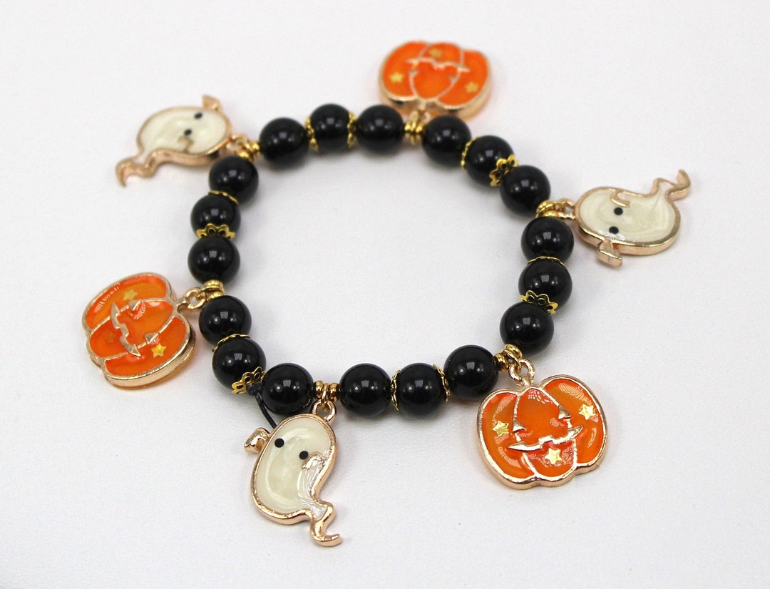 Halloween Beaded Bracelet, Pumpkin Charm Bracelet, Ghost Bracelet ...