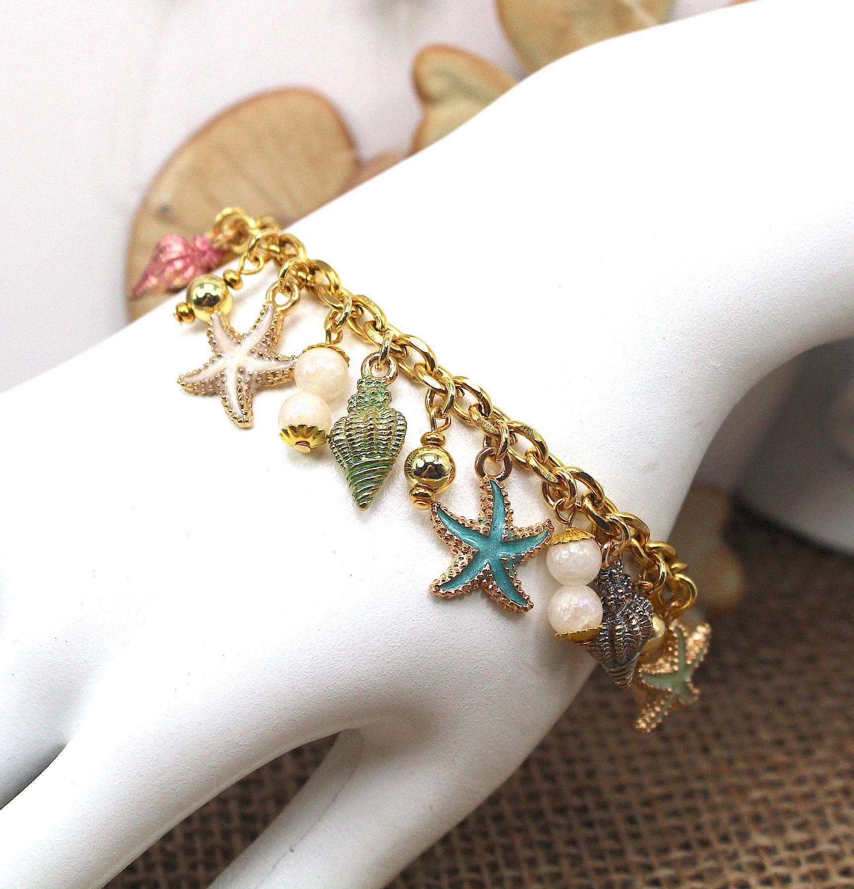 Ocean Charm Bracelet, Beach Charm Bracelet, Sea Shell Charm Bracelet ...