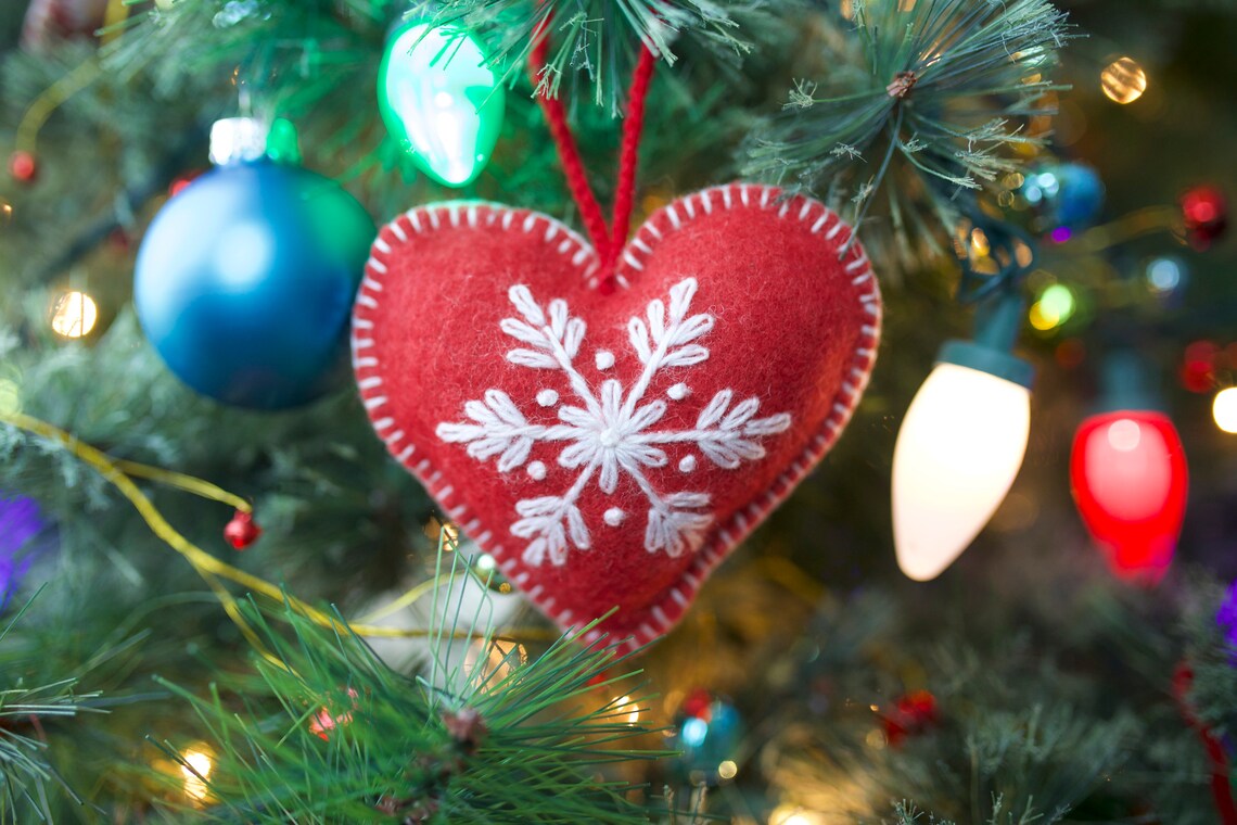 Classic Red Heart Ornament, Embroidered Wool Fair Trade Christmas Decor ...