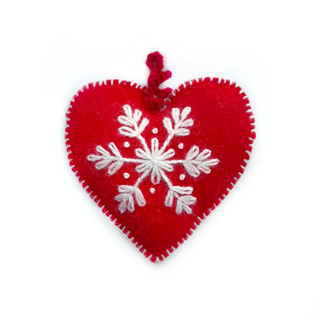 Classic Red Heart Ornament, Embroidered Wool Fair Trade Christmas Decor ...
